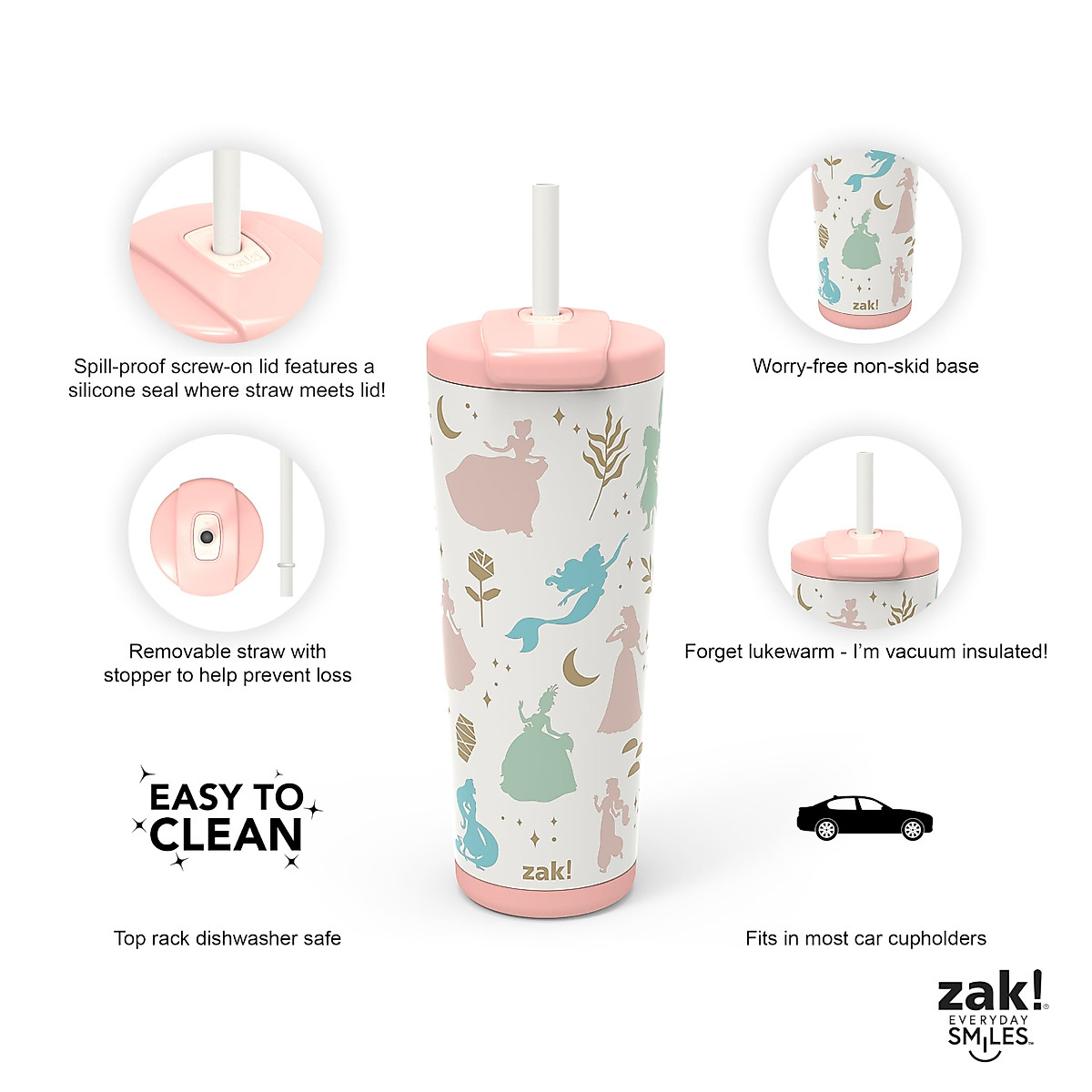 Zak Designs Disney Princess Straw Tumbler for Travel, 24oz Stainless Steel with Vacuum Insulation and Non-Skid Base (Ariel, Aurora, Belle, Cinderella, Jasmine, Moana, Rapunzel, Tiana)