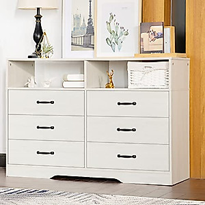 Catrimown White 6 Drawer Dresser for Bedroom Mid Century Modern Dresser Chest of Drawer for Bedroom White Dresser with Shelves Wood Wide Double Dresser for Bedroom Living Room, Wash White