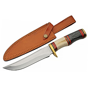 SZCO Supplies 203456 Bone and Wood Handled Outdoor Hunting Knife with Leather Sheath, 11.5" Length