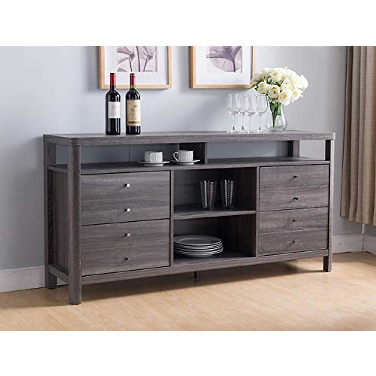 FC Design 60" W Sideboard Buffet Table with Four Drawers and Four Shelves in Distressed Grey Finish