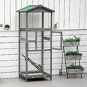 PawHut 65" Wooden Bird Cage Outdoor Aviary House for Parrot, Parakeet, with Pull Out Tray and 2 Doors, Grey