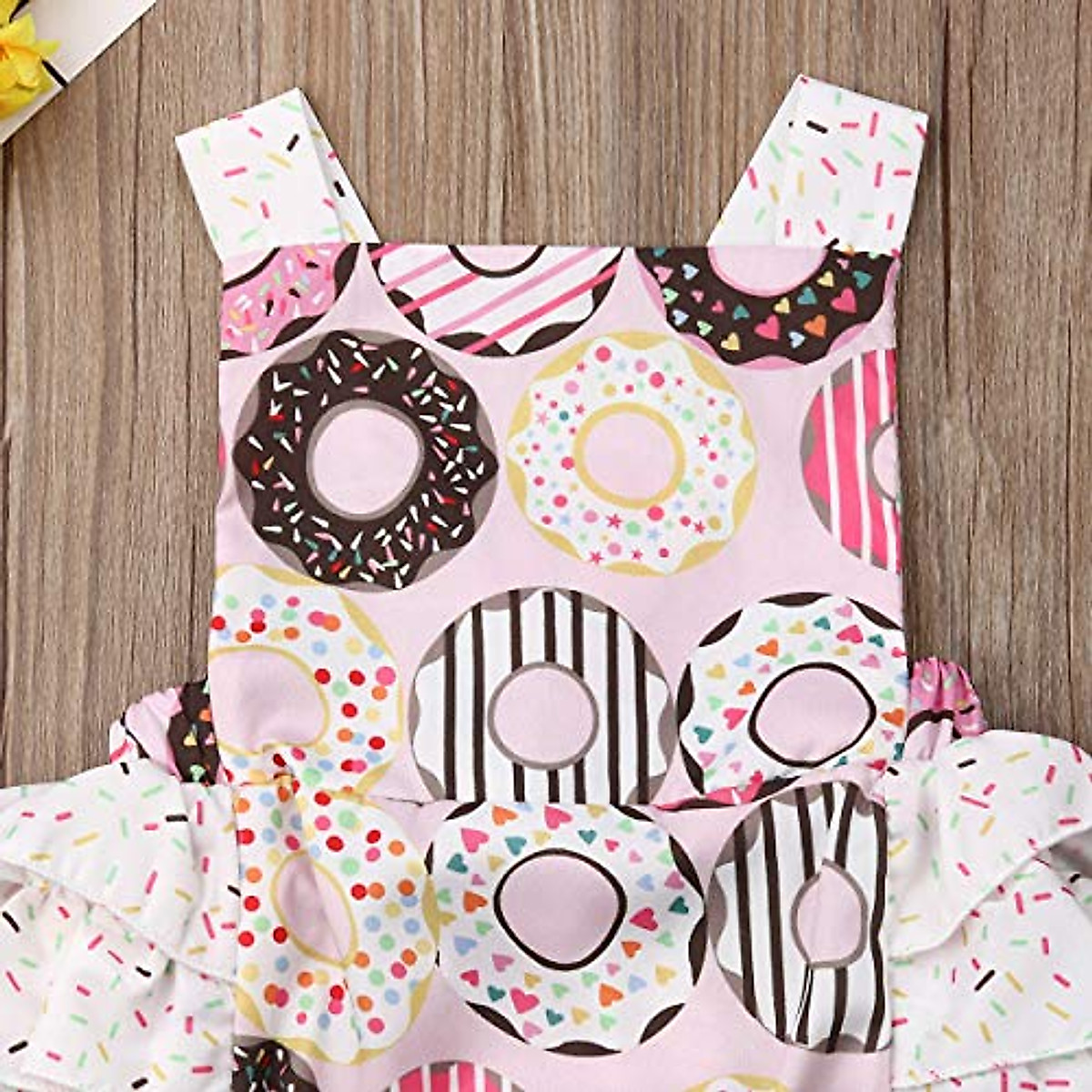 Lamuusaa Newborn Baby Girls Fly Sleeve Ruffled Romper Colorful Doughnut Bodysuit Jumpsuit Headband Summer Outfit 0-24M (6-12M, Pink)