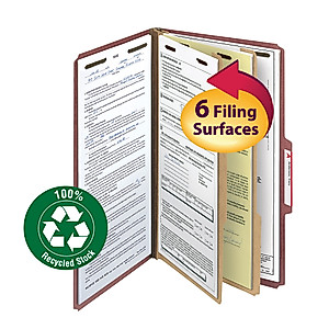 Smead 100% Recycled Pressboard Classification File Folder, 2 Dividers, 2" Expansion, Legal Size, Red, 10 per Box (19023)