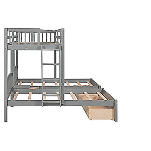 DEYOBED Twin Over Twin & Twin Wooden Triple Bed Bunk Bed with Integrated Middle Drawer Storage - Stylish and Functional Sleep Arrangement for Kids, Teens, Adults