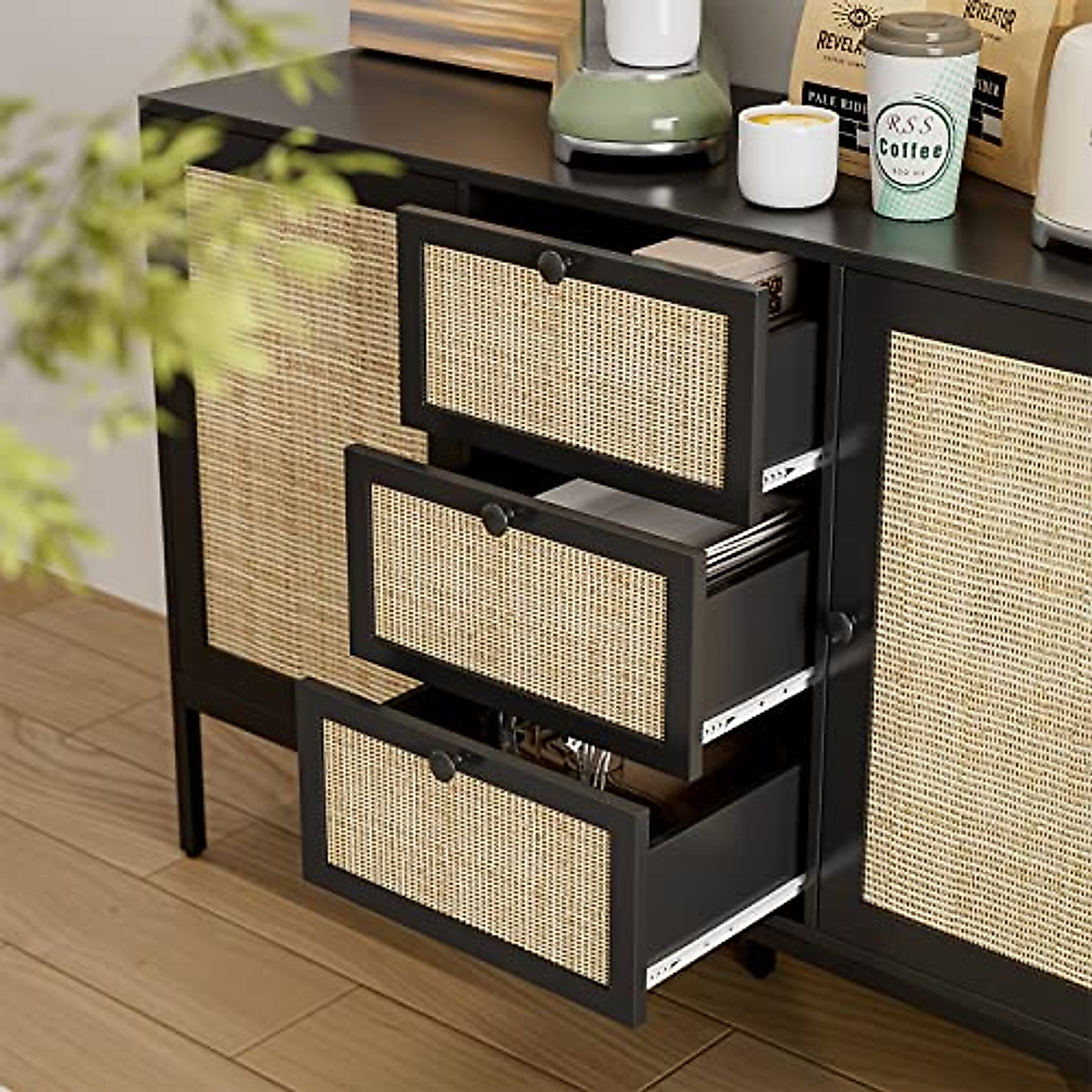 IKIFLY Rattan Sideboard Buffet Cabinet, Boho Rattan Storage Cabinet with 3 Drawers and 2 Doors, Accent Console Table Cabinet for Living Room, Kitchen, Dining Room, Entryway - Black