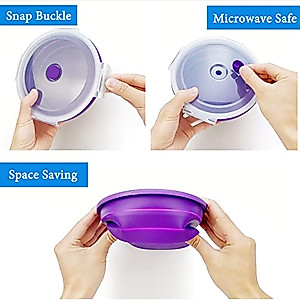 Lunbengo 1200ml Large Camping Bowl with Foldable Spoon, Collapsible Bowl With Lid, Silicone Bento Box, For Travel Camping Meal Prep & Food Storage, Microwave Dishwasher Safe, Purple