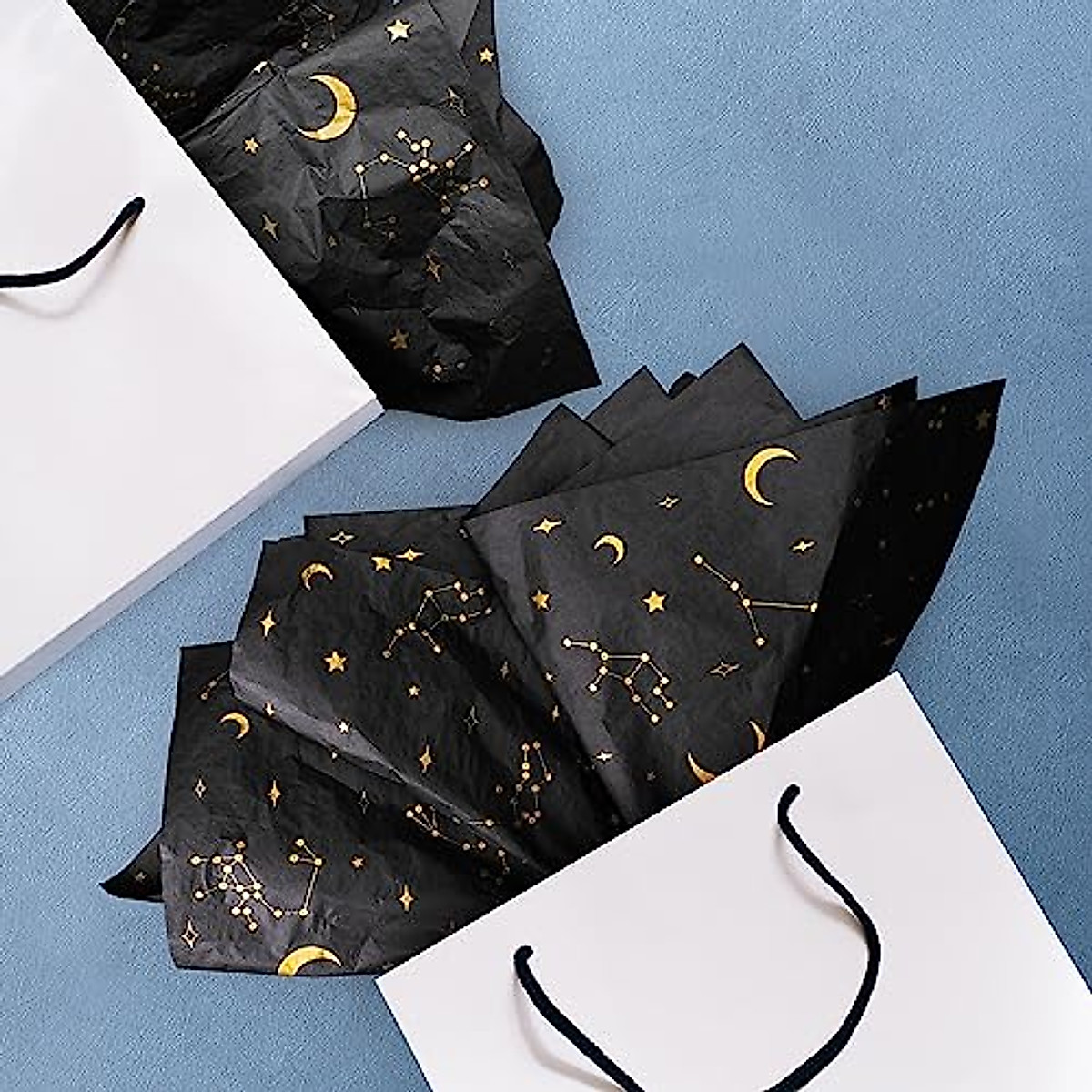 MR FIVE 100 Sheets Galaxy Tissue Paper Bulk,20" x 14",Black with Gold Moon and Star Tissue Paper for Gift Bags,Moon Star Gift Wrapping Tissue Paper for Birthday,Christmas Holiday