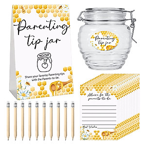 Roowest Baby Shower Games Prizes Advice Baby Shower to Baby Parenting Tip Jar Sign for New Parents 60 Parenting Advice Cards 10 HB Pencils 2 Cute Stickers 1 PET Bottle for New Parents Guests (Honey)