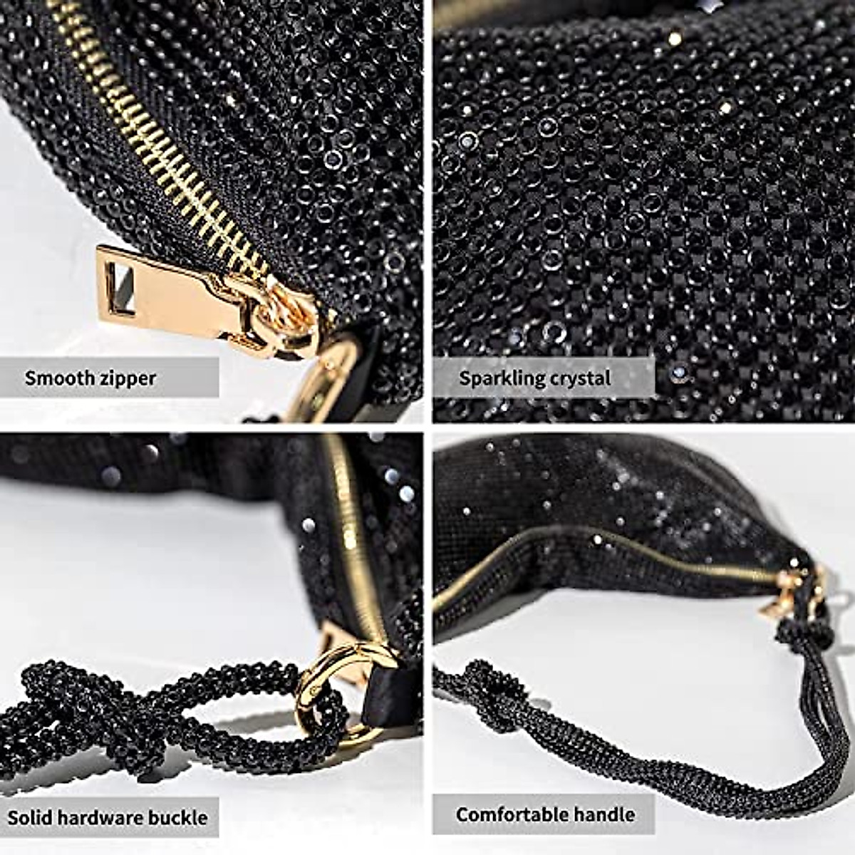 Rhinestone Hobo Bag for Women Chic Evening Handbag Shiny, Sparkly Crystal Handbag Shoulder Bags for Travel Vacation Party Proms Gifts (Black)