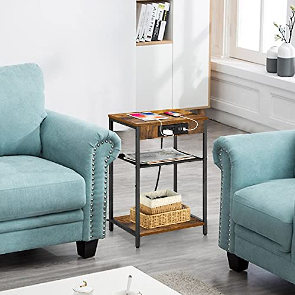 melos Nightstand with Charging Station, 3 Tier End Table with USB Ports & Power Outlets, Narrow Side Table for Small Spaces, Bedside Tables for Bedroom, Living Room, Rustic Brown