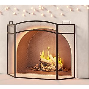 Calidola 3 Panel Fireplace Screen 48" W x 29" H Modern Foldable with Wrought Metal Decorative Mesh,Arch Heavy Duty Fire Spark Guard Cover for Home Decor Indoor, Black