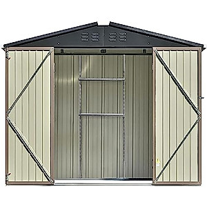 Merax Outdoor Storage Shed, 8X 6 FT Metal Garden Shed Steel Tool Shed Storage House with Adjustable Shelf and Lockable Doors,Tool Cabinet with Vents and Foundation for Backyard, Patio & Lawn, Brown