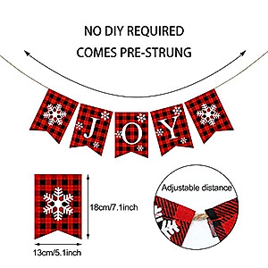 Plaid Christmas Joy Banner Cotton Burlap Christmas Rustic Bunting Banner for Christmas Hanging Decorations (Red)