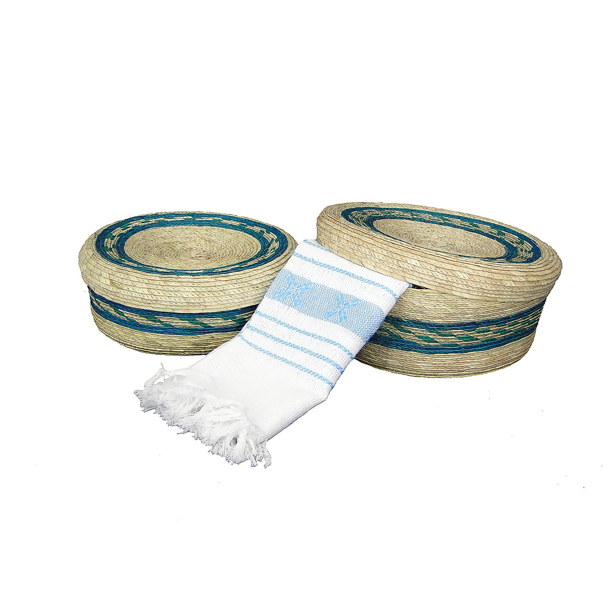 2 pack Mexican handmade palm baskets with lid and 1 woven napkin cloth (servilleta mexicana) 100% cotton Eco Friendly Mexican tortilla warmer (tortillero) for party fiesta decoration (Blue)