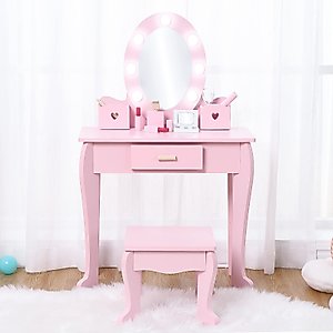 Wpond Kids Vanity Set with Mirror and Drawer - Pretend Play Dress-Up Fun, Lights & Wooden Makeup Playset for Girls 4-9 Yrs, Pink