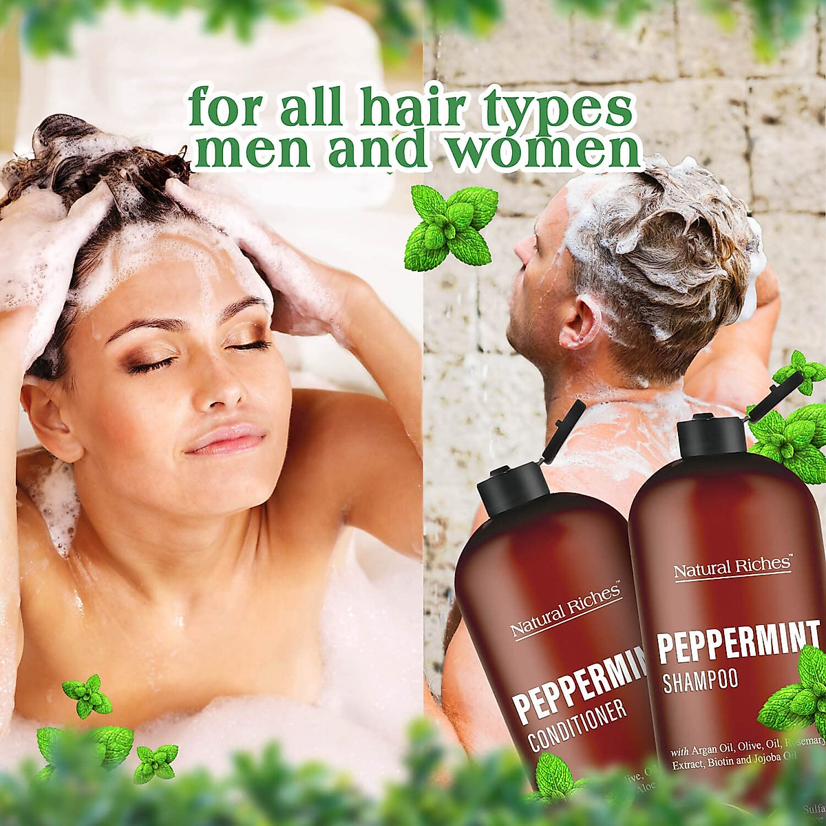 Natural Riches Peppermint Shampoo & Conditioner Set - Clarifying Formula for Thinning Hair, Fights Hair Loss, Promotes Hair Growth, Hydrating & Refreshing, Sulfate Free for Men Women, 16 fl oz each