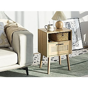 Labcosi Mid Century Modern End Table, Natural Rattan Nightstand with Charging Station, Wooden Bedside Tables for Living Room and Bedroom, Natural Wood Side Table with Storage Drawer