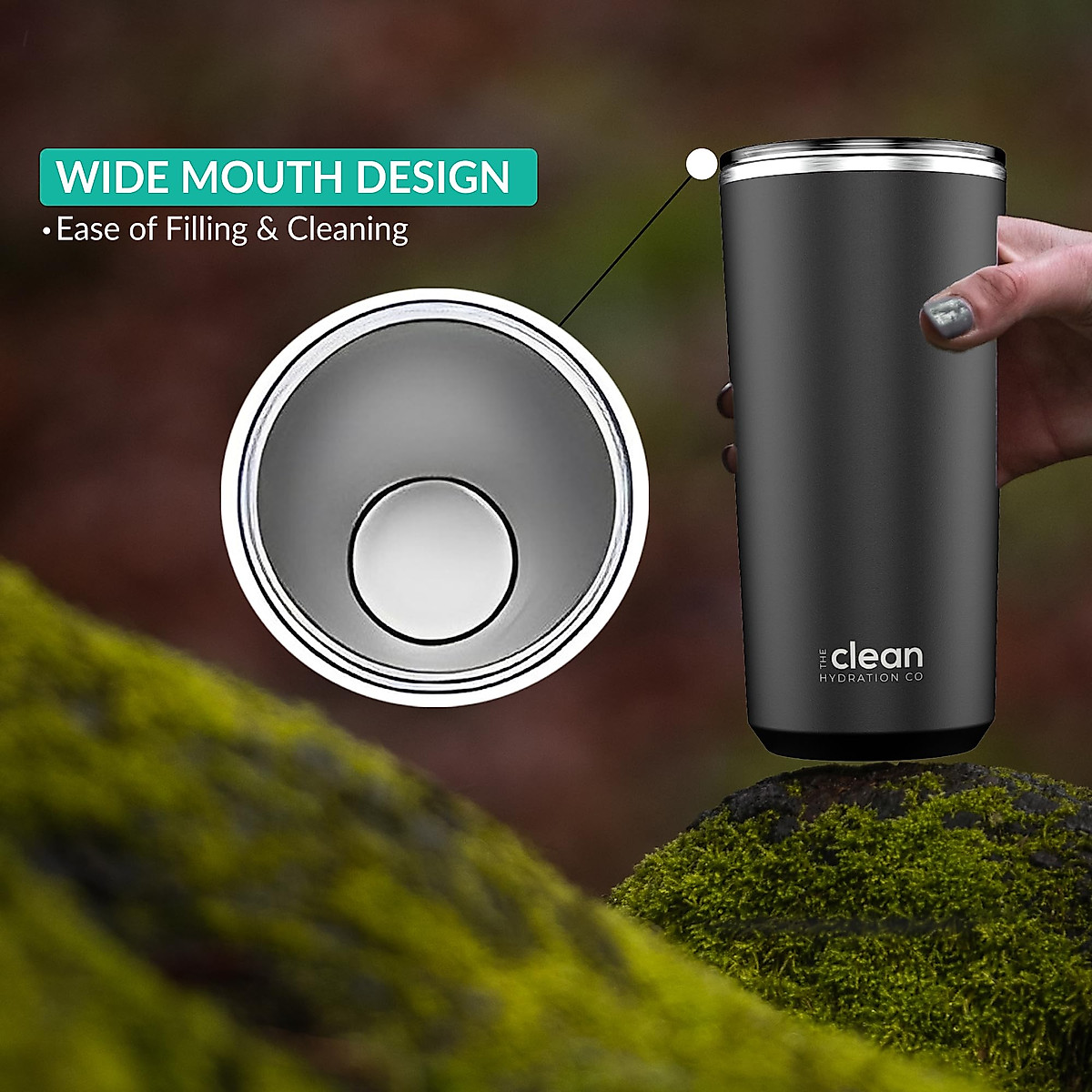 The Clean Hydration Company Tumbler Insulated with Lid, Double-Wall Vacuum, 20 Oz Travel, Office Tumbler, Hot & Cold Drinks, Ceramic Interior, Spill-Proof, BPA-Free, No Metal Taste