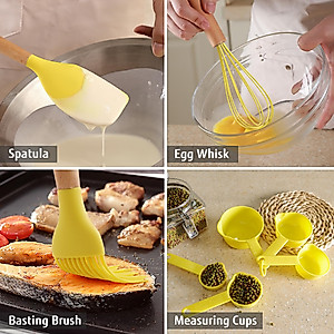 hecef Kitchen Utensils Set, 32 PCS Silicone Cooking Utensils Set with Stainless Steel Holder, 446°F Heat Resistant Food Grade Kitchen Gadgets Tools Set Wooden Handle for Nonstick Cookware (Yellow)