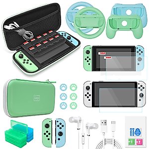 Accessories Bundle Compatible for Nintendo Switch OLED 2021, Essential Protection Kits with Carrying Case, Screen Protector, Cards Storage Case, Hand Grips, Cover for JoyCon & Thumb Grip Caps
