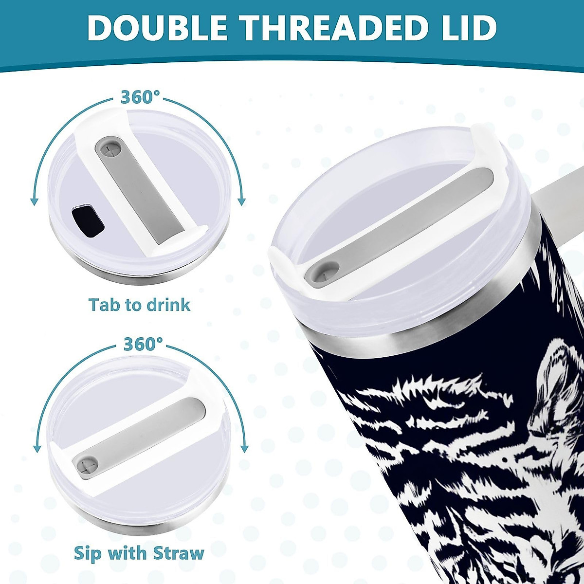 ALAZA White Tiger Portrait 40 oz Tumbler Stainless Steel Water Bottle Vacuum Insulated Cup with Straw Lid & Handle For Travel Car Cup Holder