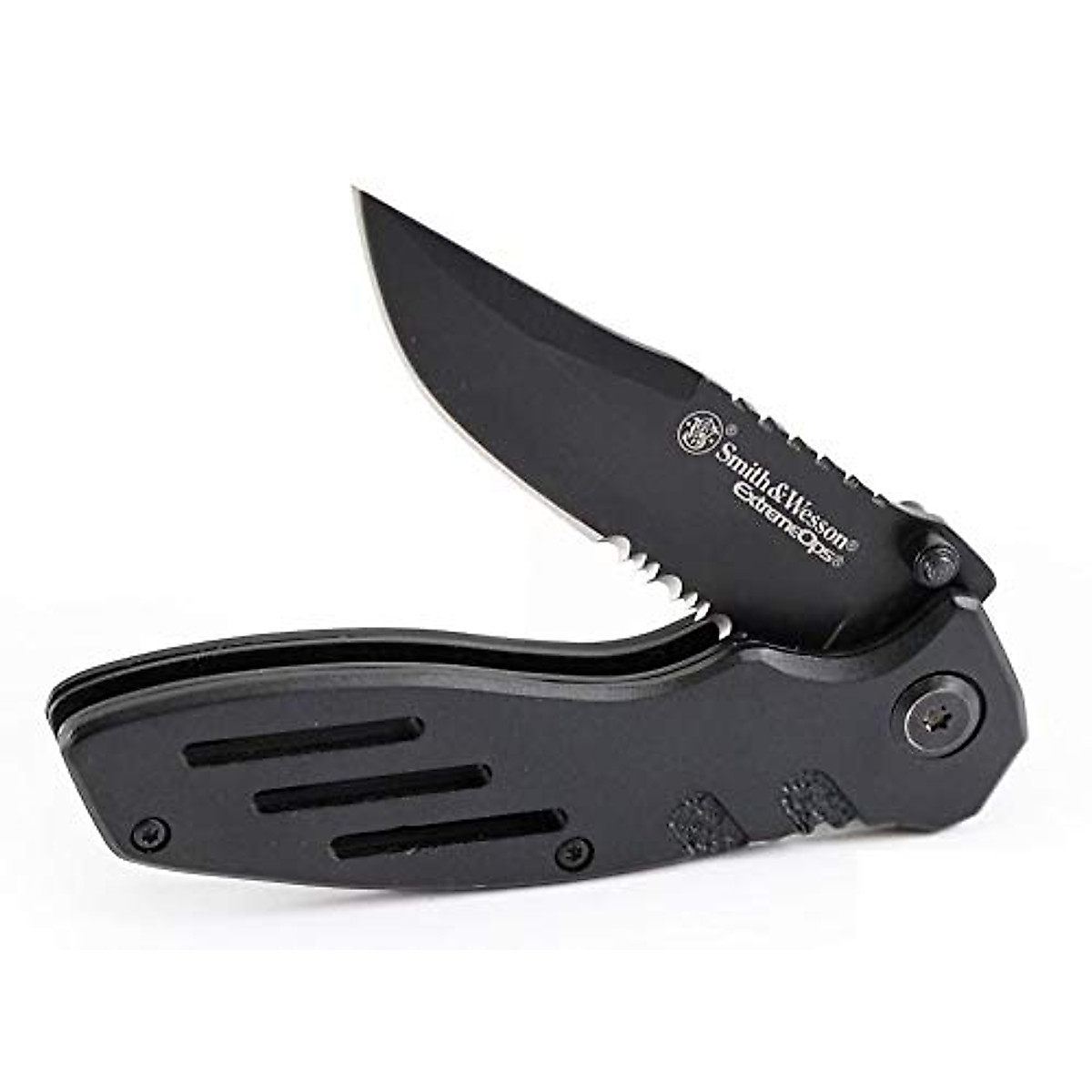 Smith & Wesson Extreme Ops SWA24S 7.1in S.S. Folding Knife with 3.1in Serrated Clip Point Blade and Aluminum Handle for Outdoor, Tactical, Survival and EDC,Black