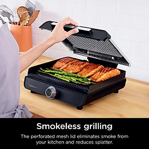 Ninja GR100 Sizzle Smokeless Indoor Grill with Nonstick Grill Plate, Dishwasher-Safe Removable Mesh Lid, 500F Max Heat, Even Edge-to-Edge Cooking, Black (Renewed)