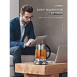 Electric Tea Kettle with 9 Presets, FOHERE Glass Kettle with Removable Infuser, 140℉ to 212℉ Precise Temperature Control, 1200W, 1.7L, Borosilicate Glass | Stainless Steel