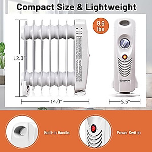 COSTWAY Oil Filled Radiator Heater, 700W Portable Space Heater with Adjustable Thermostat, Overheat Protection, Electric Heater for Bedroom, Indoor use