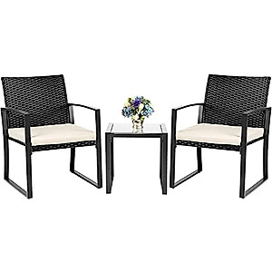 Oakmont 3 Pieces Patio Furniture Set Outdoor Conversation Furniture 2 Chairs with Glass Top Coffee Table Sets Beige Cushions Backyard, Pool, Garden