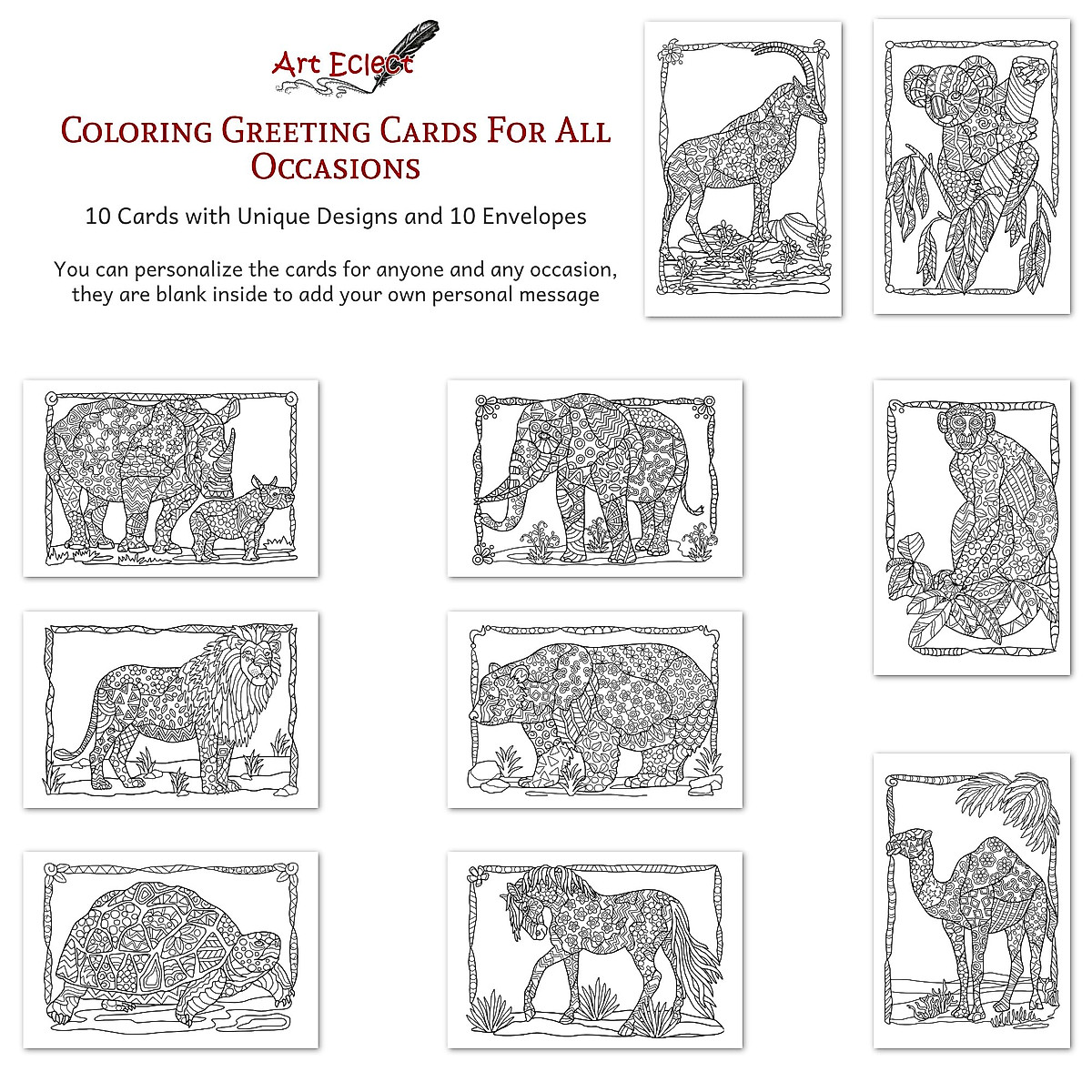 Art Eclect Coloring Nature Greeting and Thank You Note Cards, Zentangle Wildlife Animals Designs, 10 Cards with Green Envelopes included (Wildlife/Green 10 cards)