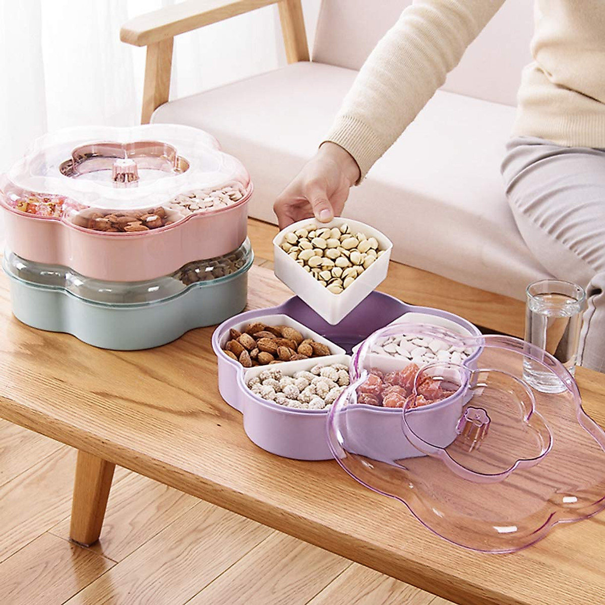 Cabilock New Year Candy Container Snack Sectional Dish Fruit Serving Tray Snack Tray Seperate Candy Plate Fruit Tray Flower Shaped Nut Container Snack Serving Platter Tray Appetizer Desktop