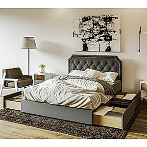 DG Casa Ardon Upholstered Platform Bed Frame with Storage Diamond Button Tufted Nailhead Trim Adjustable Height Headboard Full Wooden Slats - Queen Size Bed in Grey Fabric