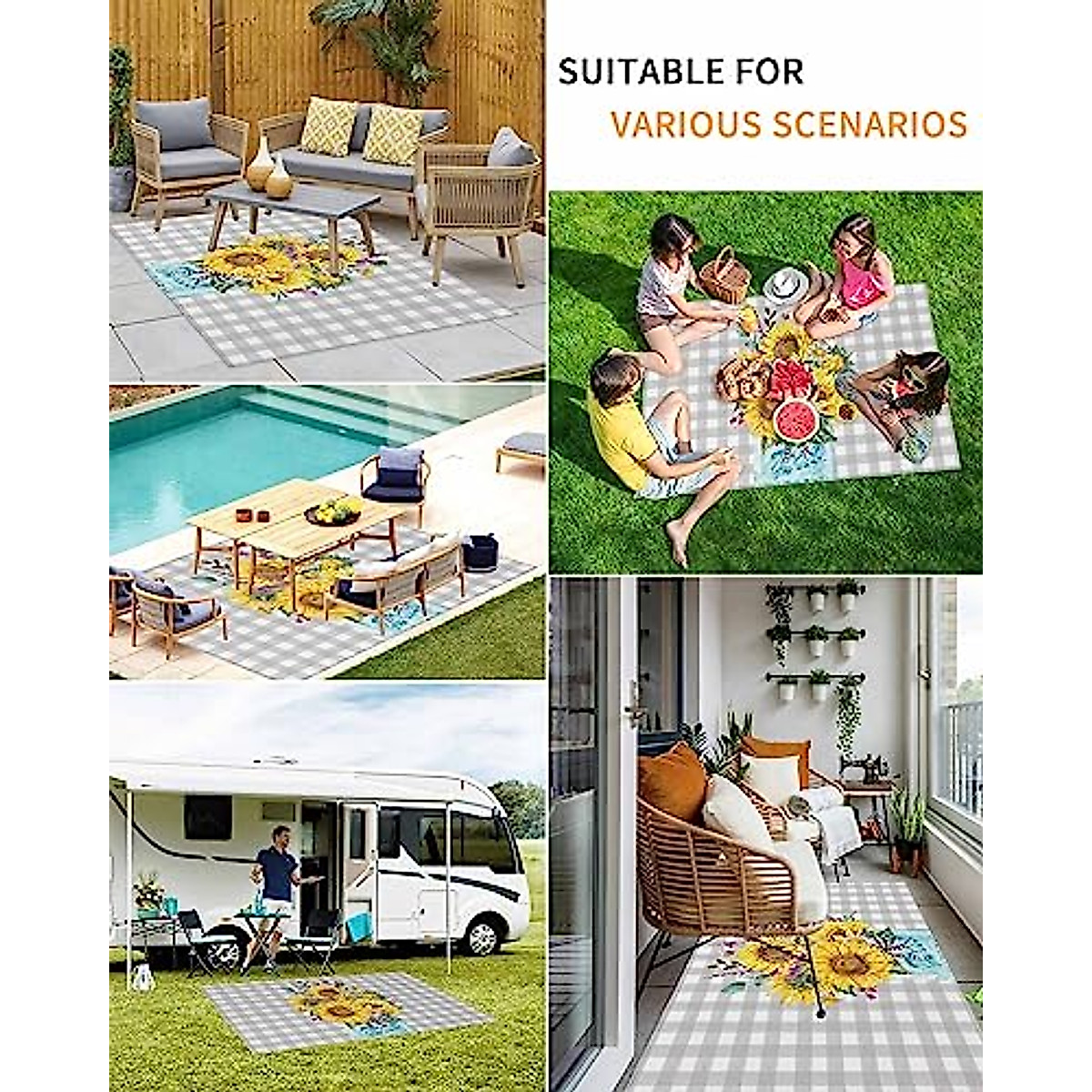 Fall Floral Thanksgiving Outdoor Rug for Patio, Large Floor Mat Sunflower Vase Grey Buffalo Plaid Non Slip Area Rug Rubber Backing Quick Dry Clearance Carpet for Camping, Garden, Deck, Porch, 5' x 8'