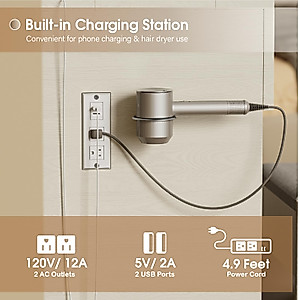 Makeup Vanity Desk with Mirror and Lights, White Vanity Desk w/ Hollywood Mirror & Charging Station & Large Drawer & Shelves & Cabinet, Glass Tabletop Dressing Table Set for Bedroom, Stool Included