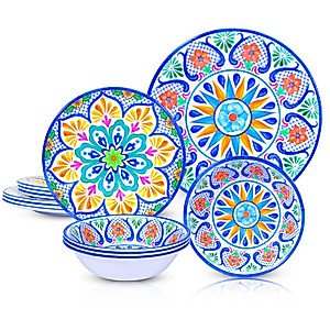 Melamine Dinnerware sets: Bisphenol A-free,Dishwasher Safe dinnerware sets,Non-breakable melamine plates,Service for 4 (12pcs) plates and bowls sets Ideal for indoors and outdoors Picnic, Camping.