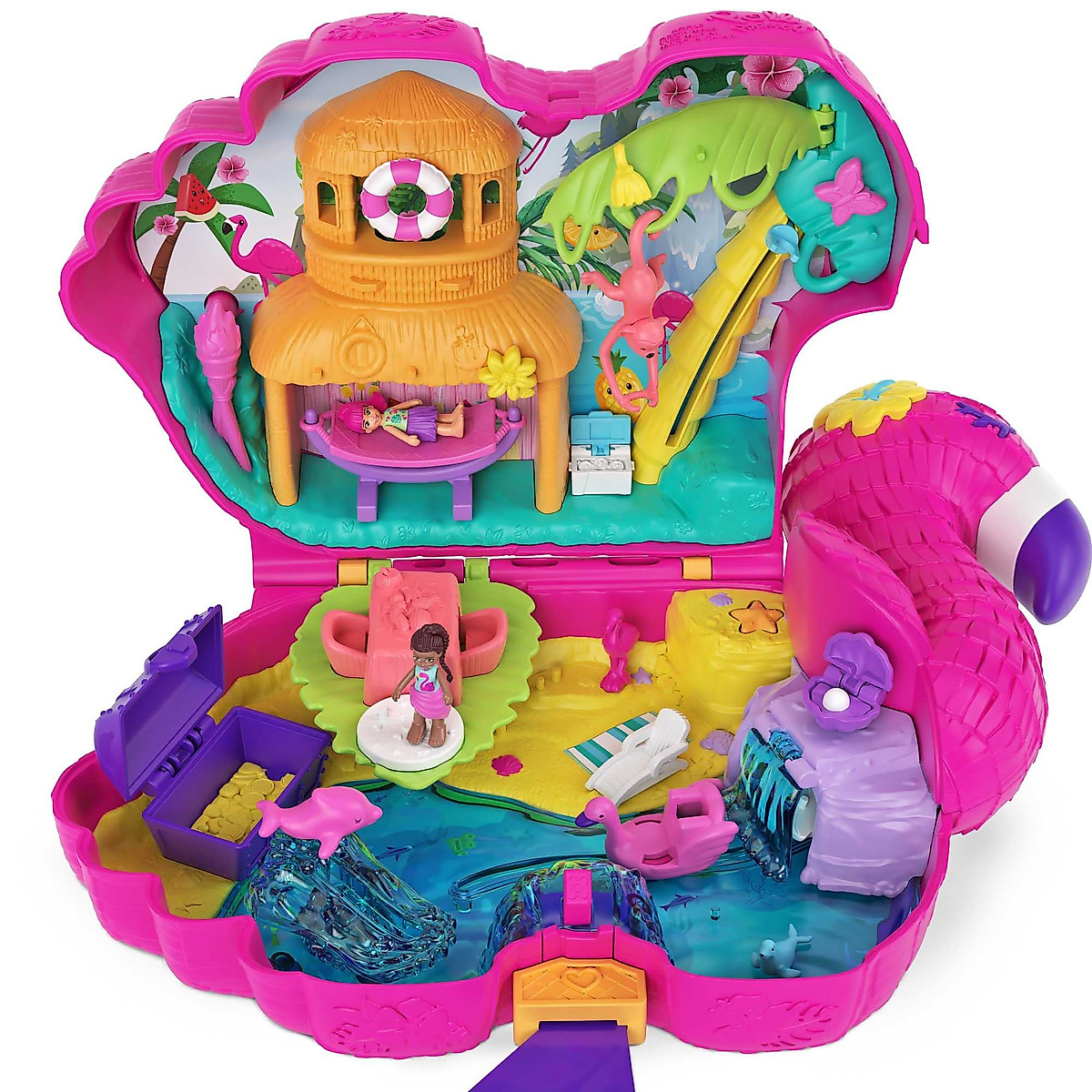 Polly Pocket Flamingo Party Large Compact Playset with 26 Surprises (Including Micro Margo & Friend Dolls), Pop & Swap Feature, Tropical Party Play Areas: Palm Tree Slide & Swing; Banquet; Water Area