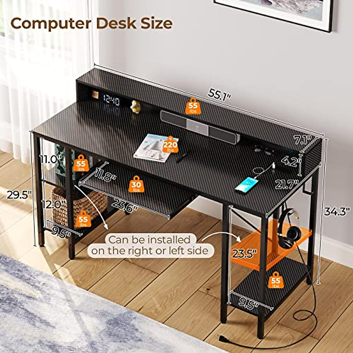 Rolanstar Computer Desk with LED Lights & Power Outlets, 55” Gaming Desk with Storage Shelves, Home Office Desk with Keyboard Tray & Monitor Stand, with Hooks, Carbon Fiber Surface Black