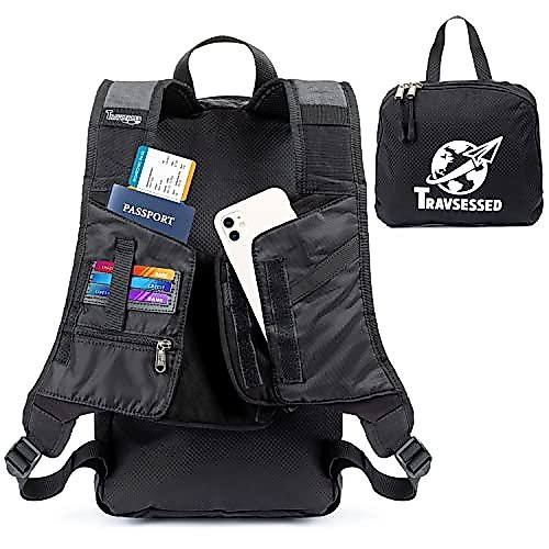 Travsessed 3 in 1 Travel Backpack, w/ Built In Anti-Theft RFID Passport Holder, Travel Wallet & Phone Pouch, Airline / Flight Approved Carry on Backpack, Packable Daypack for Men/Women Black