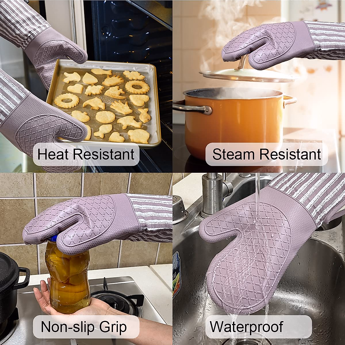 Alselo Silicone Oven Mitts Heat Resistant 932℉ with Waterproof & Non-Slip Kitchen Mittens, Set of 2 Extra Long Oven Gloves with Soft Cotton Terry Lining for Baking Cooking Barbecue(2, Purple Mitts)