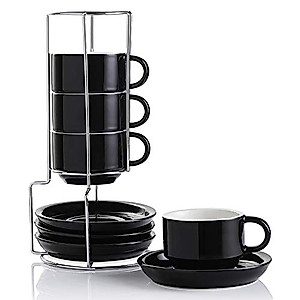 SWEEJAR Porcelain Espresso Cups with Saucers, 4 Ounce Stackable Cappuccino Cups with Metal Stand for Coffee Drinks, Latte, Tea - Set of 4 (Black)
