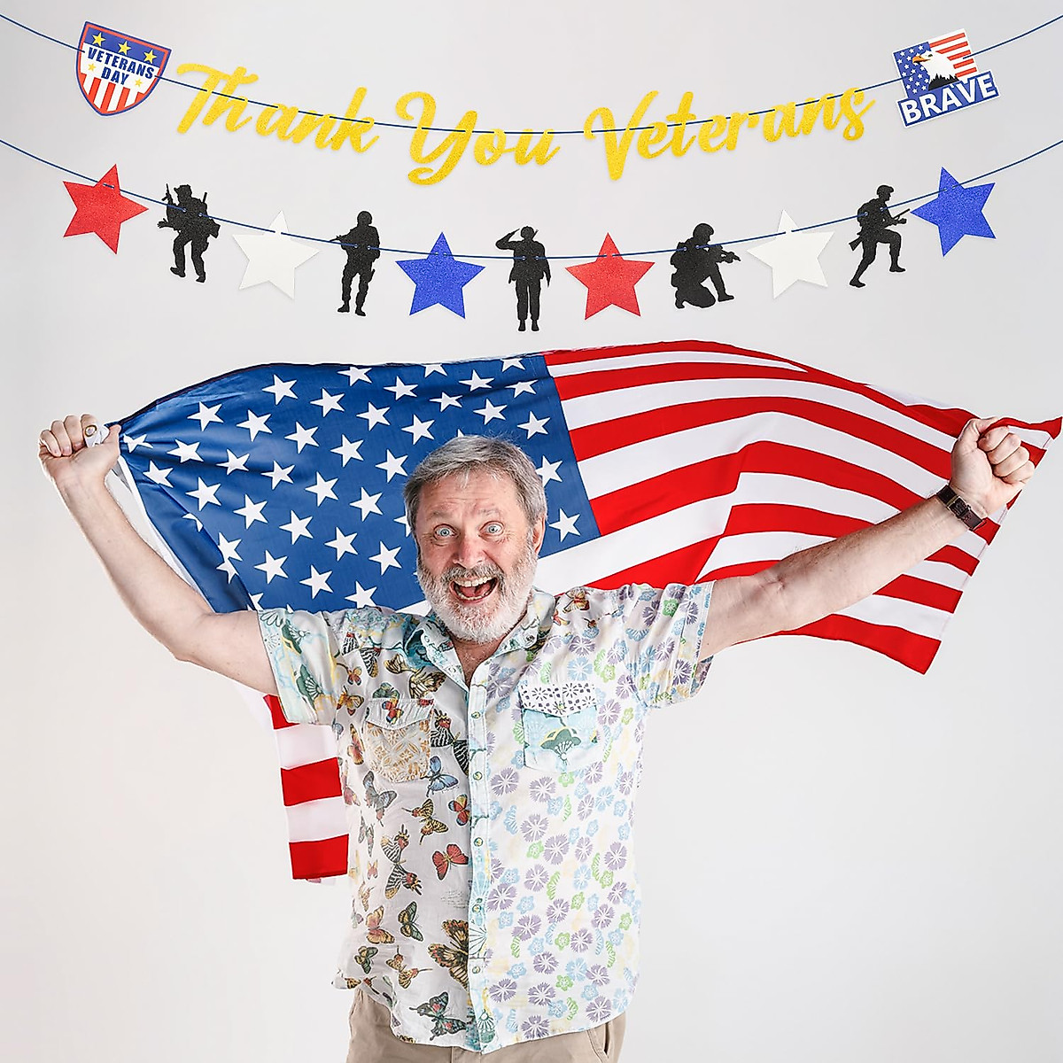 JAPBOR 2Pcs Gold Glitter Thank You Veterans Banner, Memorial Day Patriotic Veterans Day Party Decorations, Glitter Red White Blue Stars Soldiers Veterans Sign Decor Supplies for Home Background Wall