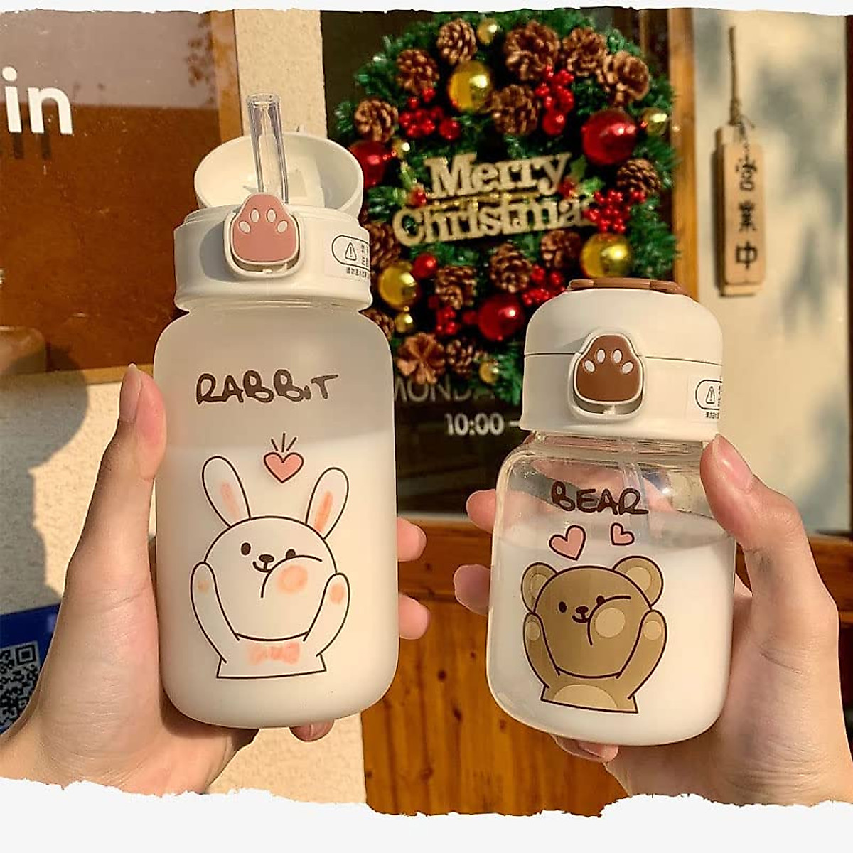 BXCNCKD Kawaii water bottle cute water bottle with straw glass safety water bottle portable strap water bottle(Bunny,500ml)