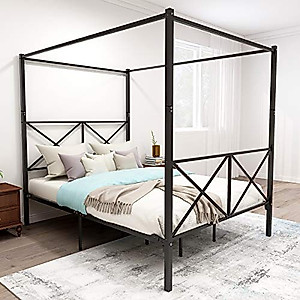 HomJoones Queen Size Metal Canopy Platform Bed with Headboard,Metal 4 Poster Canopy Metal Bed with Sturdy Bed Frame (Queen)