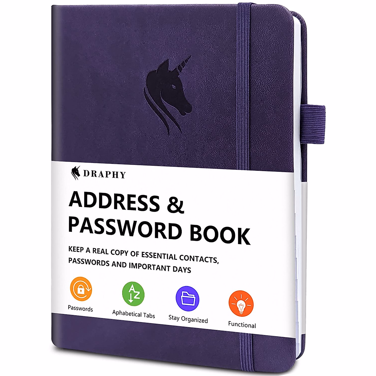 DRAPHY Address Book with Alphabetical Tabs, Elegant PU Leather Telephone Book, Hardcover Address Organizer and Password Keeper - Record Contacts, Anniversaries, Birthdays 5.2x7.7" (Purple)