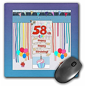 3dRose Image of 58th Birthday Tag, Cupcake, Candle, Balloons, Gifts,... - Mouse Pads (mp_359893_1)