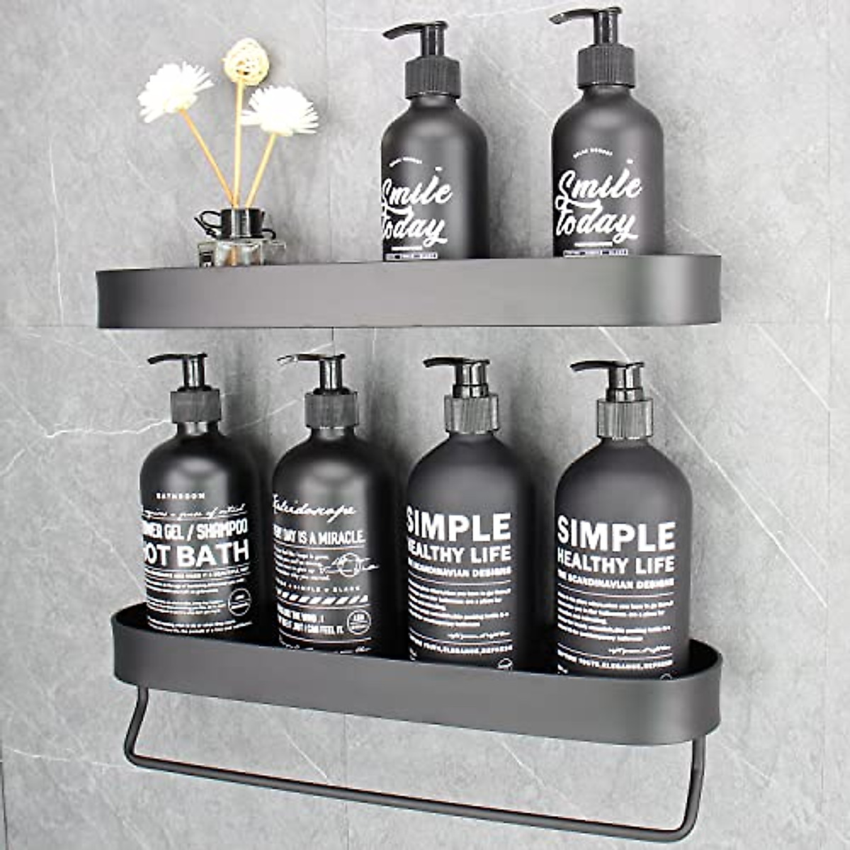 Shower Caddy Black Bathroom Shelves Wall Mounted 2 Pack with Towel Rack Spice Rack for Wall No Drilling Rustproof Space Aluminum for Kitchen Toilet (38cm)