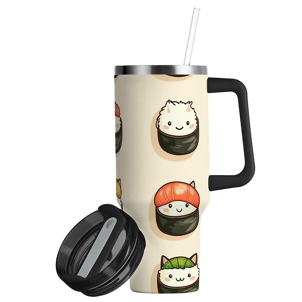 Selerdon 40 oz Tumbler Cute Sushi with Handle and Straw Lid Vacuum Stainless Steel Insulated Water Bottle Travel Mug Car Cup Holder Friendly BPA Free for Gym Travel Office