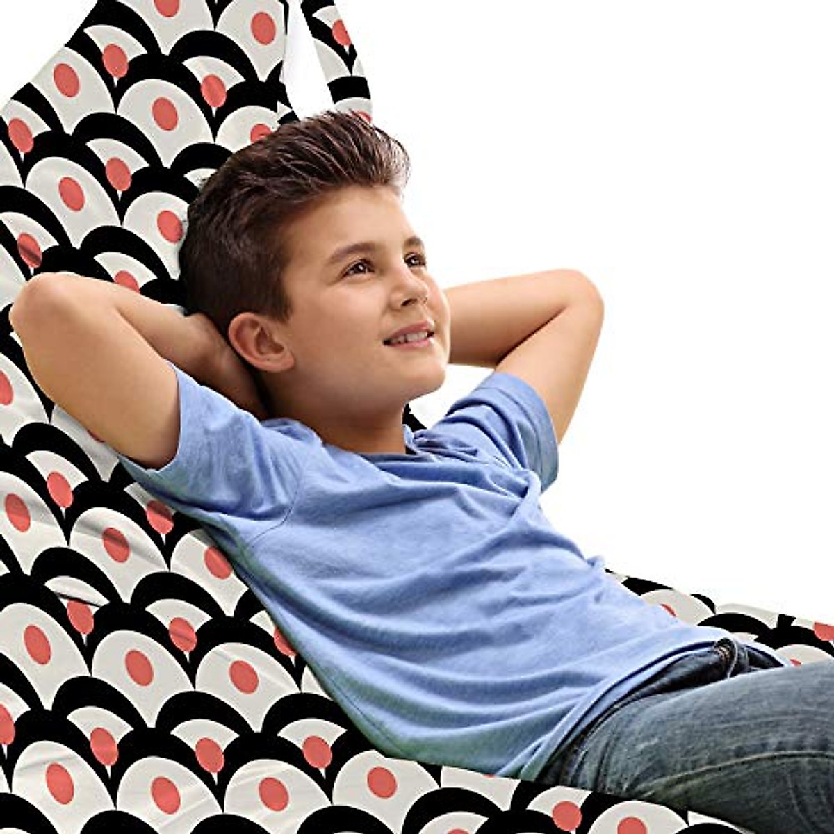 Lunarable Japanese Art Lounger Chair Bag, Simple Retro Pattern with Wave Rounds and Scales, High Capacity Storage with Handle Container, Lounger Size, Eggshell Charcoal Grey