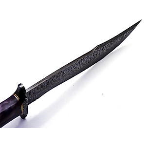 Nooraki BK-42 Handmade Damascus Steel Fixed Blade Bowie Knife with Leather Sheath, Full Tang Multipurpose Knife with Solid Marindi Wood and Bull Horn Bone Handle for Outdoor Use, 15", B/White